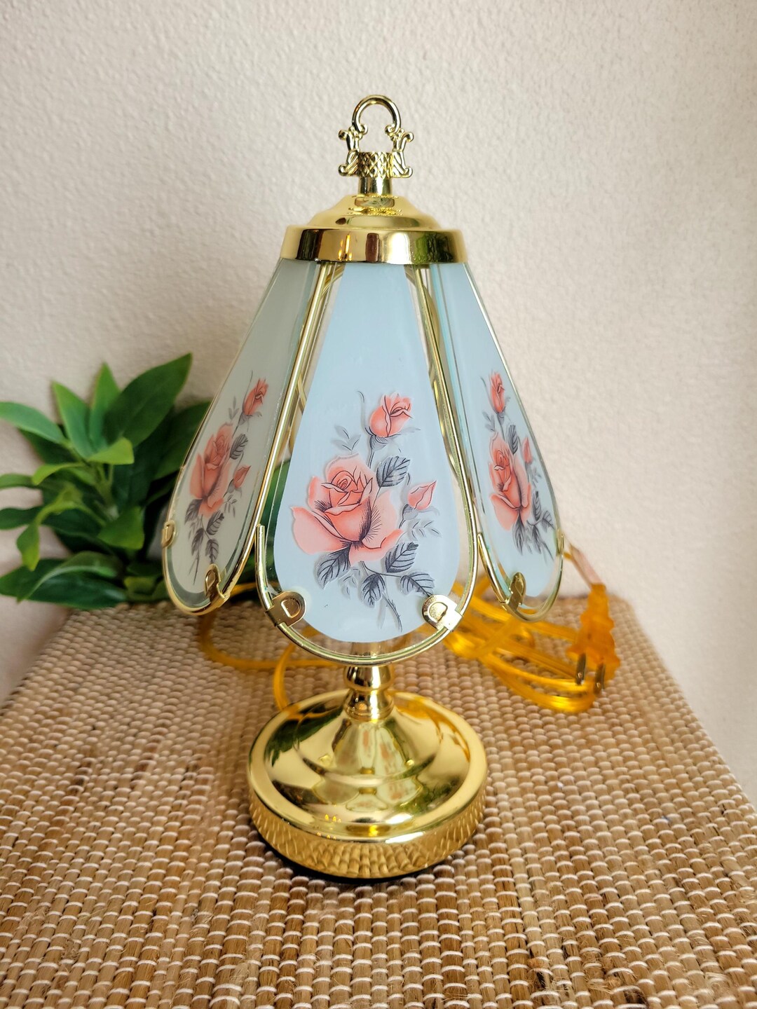 Vtg Floral Rose 3 Way Touch Boudoir Lamp Gold 6 Glass Panels - Etsy
