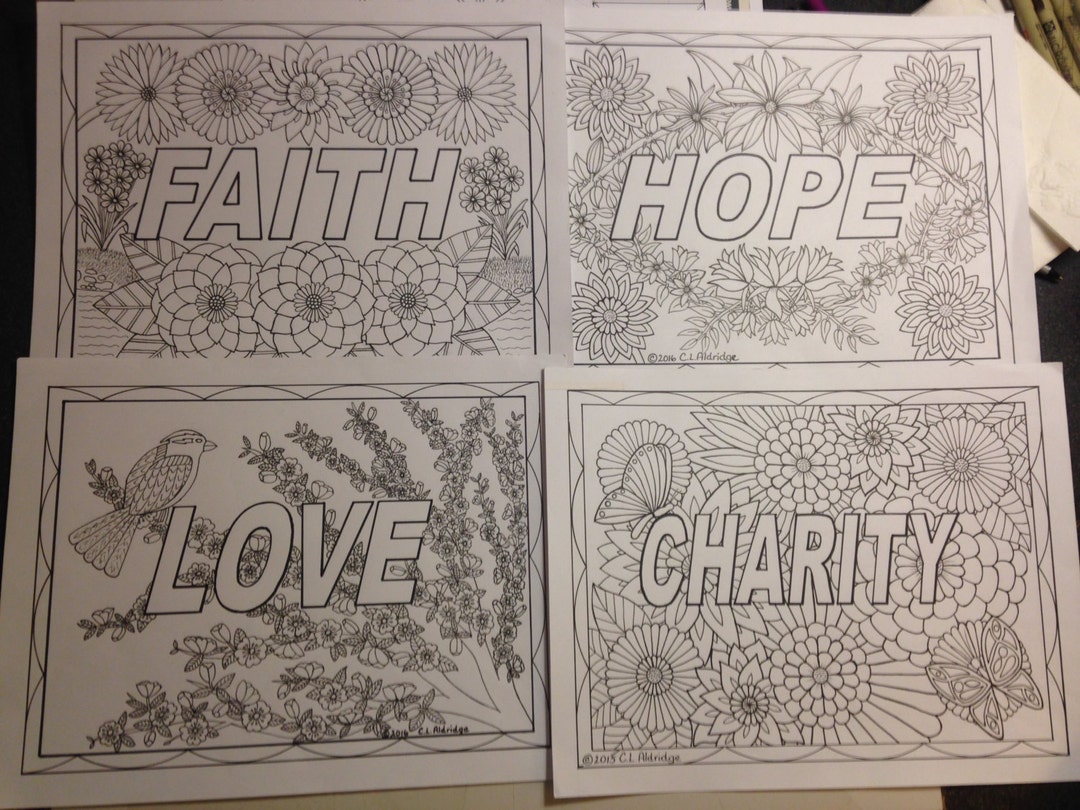Set of Four - Faith, Hope, Charity and Love Botanical Flowers ...