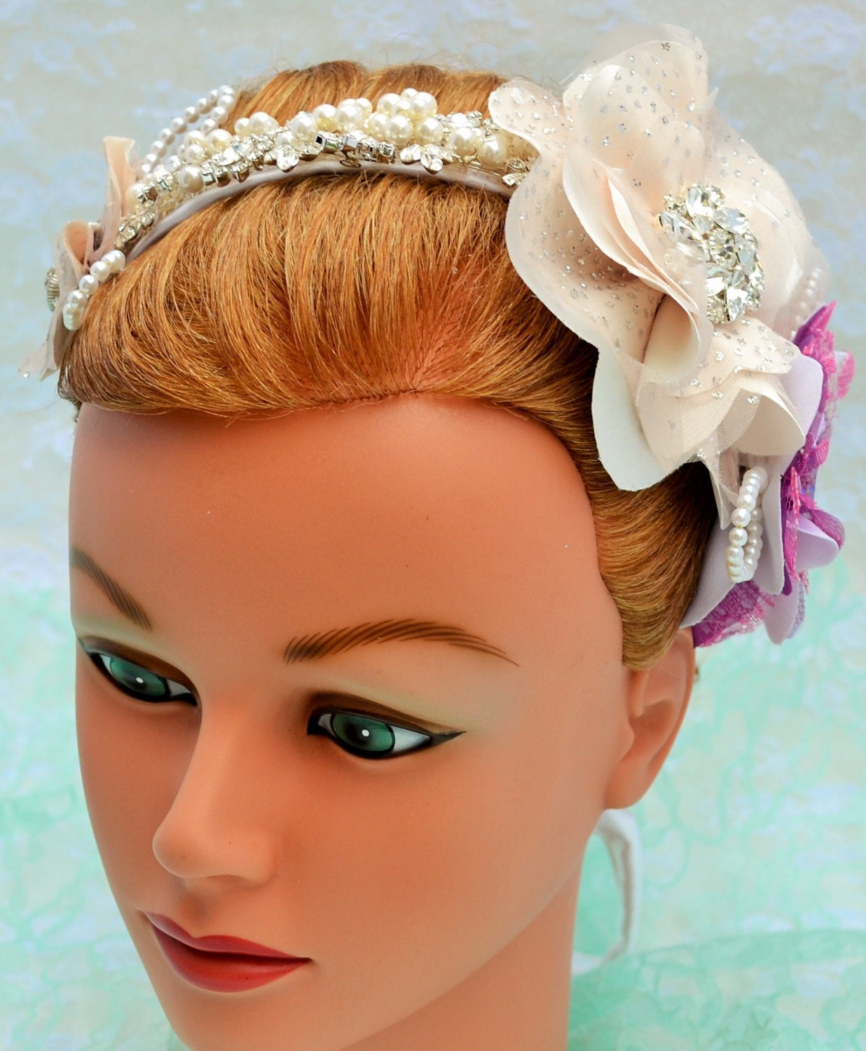 Vintage Bridal Headpiece, Handmade Fabric Flower Headpiece, Hand Beaded ...