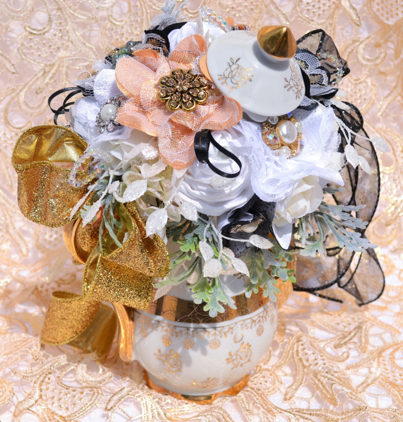 Vintage Teapot Centerpiece, Handmade Fabric Flowers, Vintage Brooch ...
