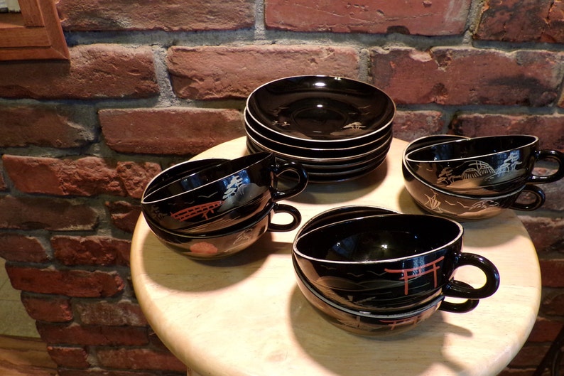 Vintage Japanese Black & Gold Lacquer Tea Set for 6 Cups - Etsy