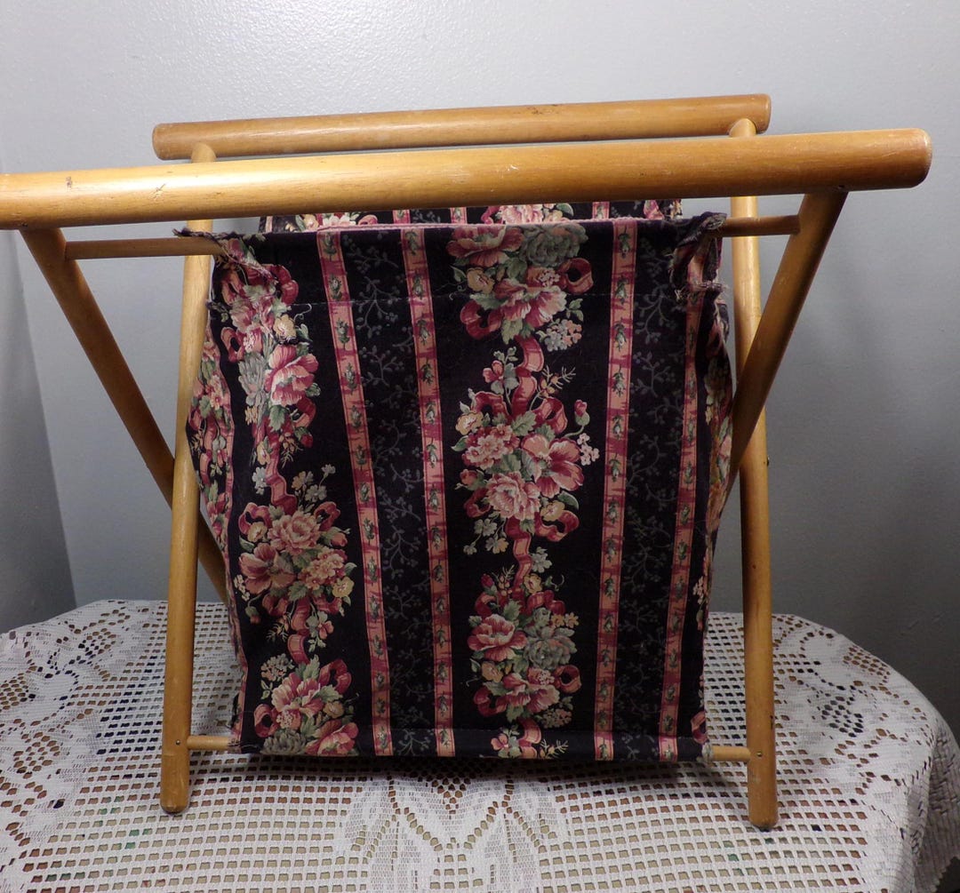 Vintage Knitting Sewing Caddy Basket Yarn Bag Folding Wood Frame Floral ...