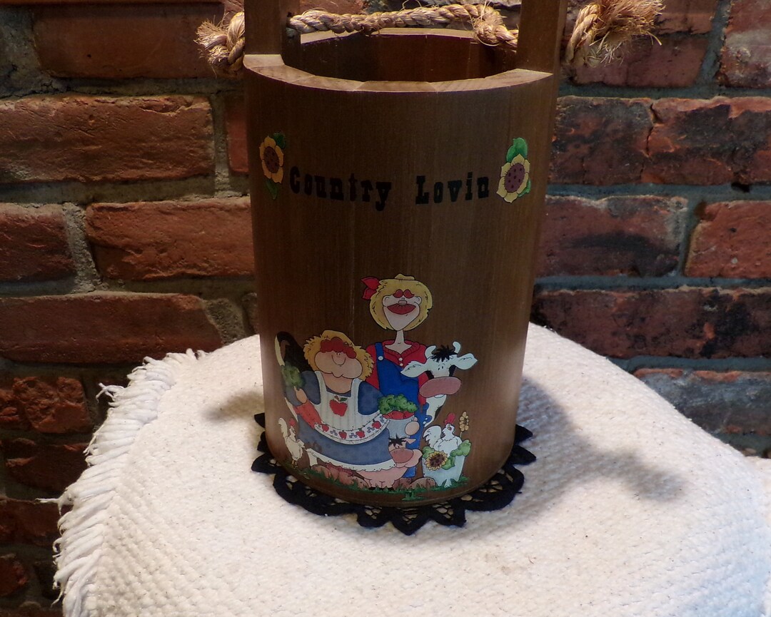 Vintage Wooden Bucket With Rope Handle, Rustic Wood Basket, Farmer ...