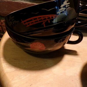Vintage Japanese Black & Gold Lacquer Tea Set for 6 Cups Saucers ...