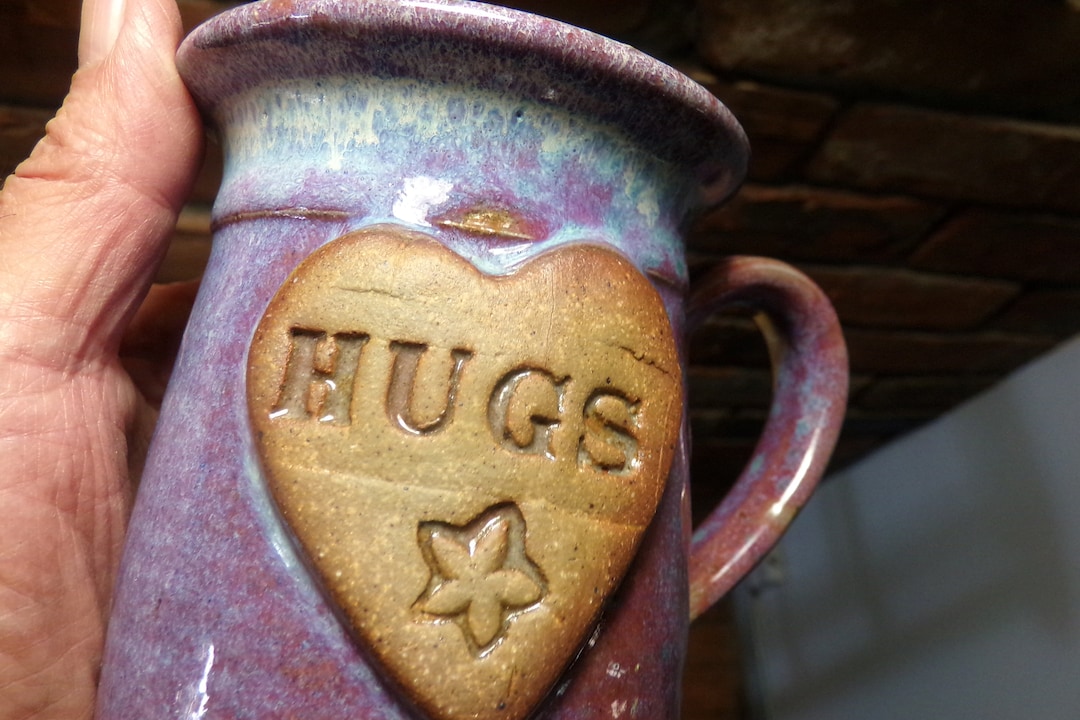 Vintage Stone Mug With Handle, Pottery Mug, Embossed Hugs Pottery ...