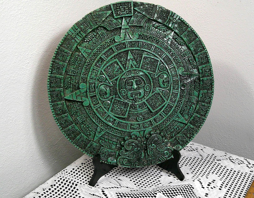 Vintage Mayan Aztec Sun Calendar Crush Malachite 14” Mexican Wall ...