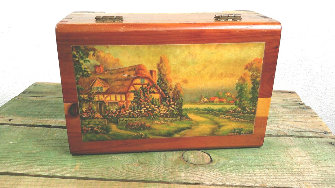 Vintage 1930’s Cedar Hinged Box With Decoupage, Dovetailed Cedar ...