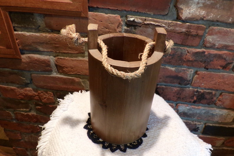 Vintage Wooden Bucket With Rope Handle Rustic Wood Basket - Etsy