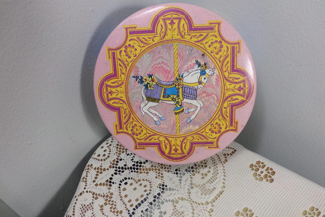 Vintage Carousel Pony Tin, Victorian Carousel Horse Pony Pink Tin ...