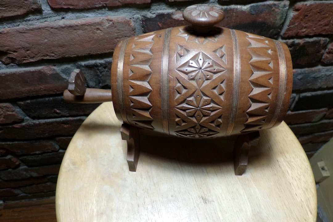 Antique Hand Carved Wood Keg Drink Dispenser With Stand, Folk Carved ...
