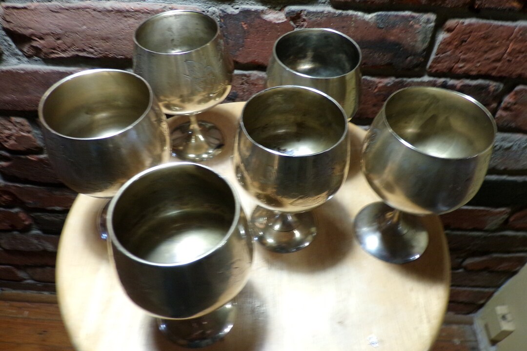 Vintage Silver-plated Cordial Goblets, EPNS India Goblets, Etched Brass ...