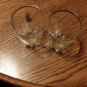 Vintage Gold Rimmed Shot Glass With Pirate Ship, Nautical Tall Shot ...