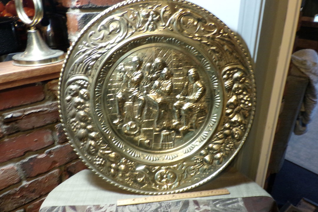 Vintage Brass Wall Plates, Large 20” Brass Wall Plate, Embossed Brass ...