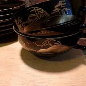 Vintage Japanese Black & Gold Lacquer Tea Set for 6 Cups Saucers ...
