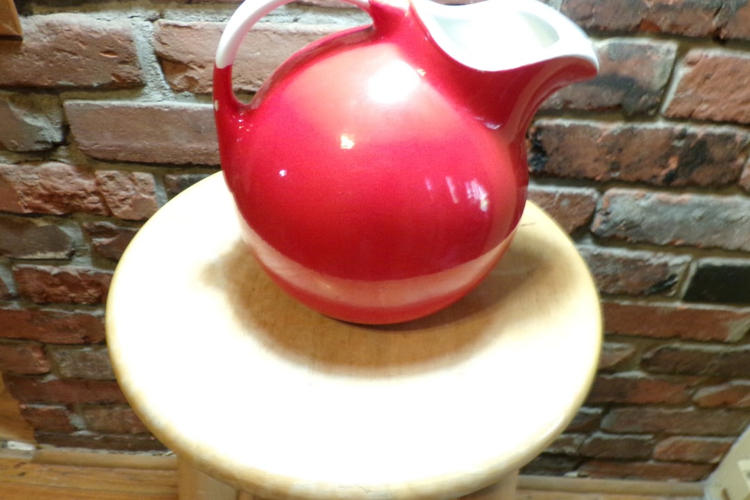 1940's Hall Ball Red Pitcher, Red Ball Pitcher Jug W/white Handle ...