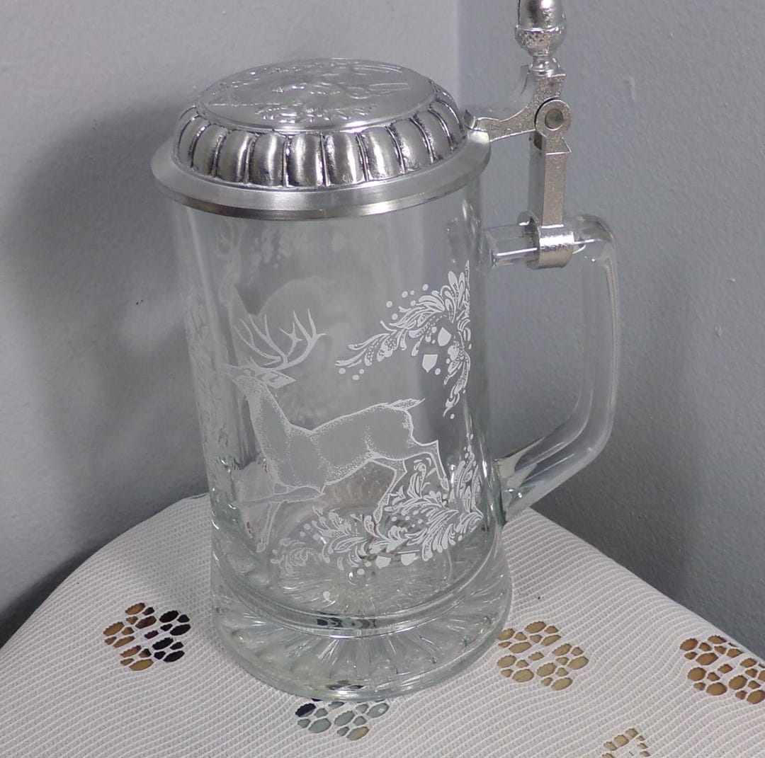 German Kristallglas Etched Glass Beer Stein With Pewter Lid, Etched ...