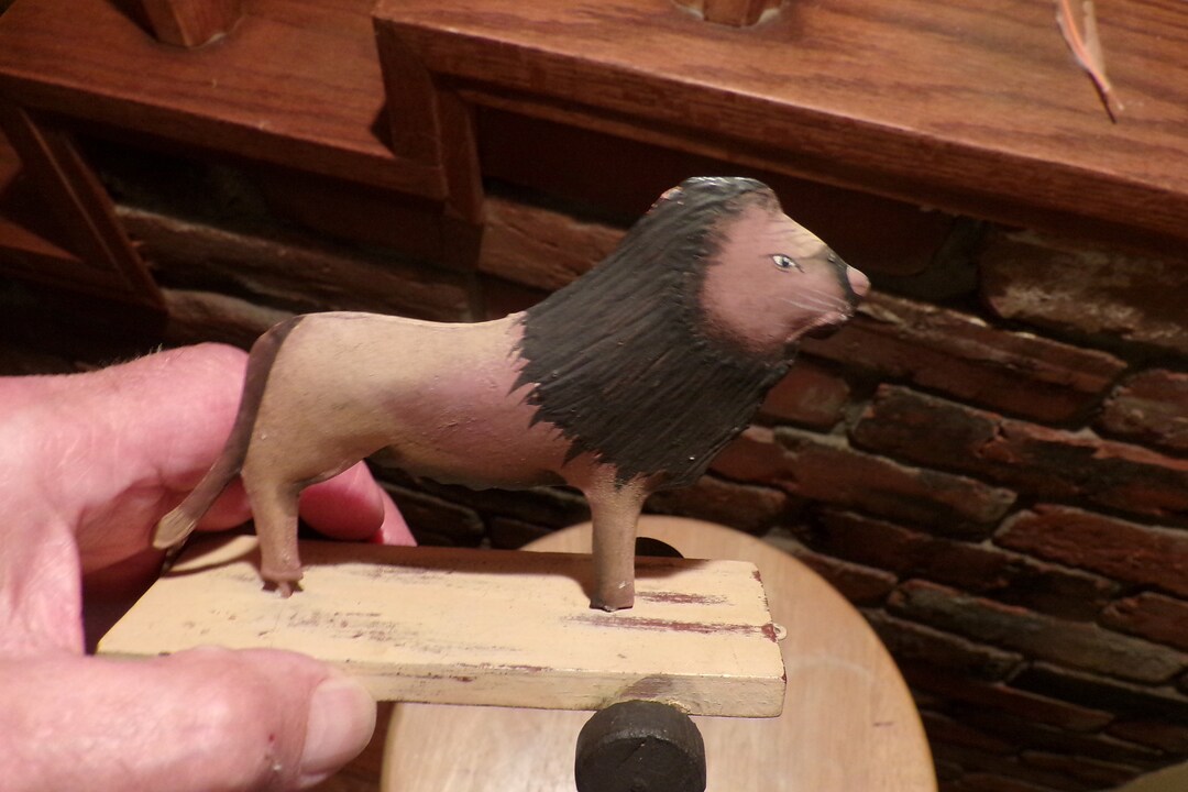 Antique Tin Lion on Wood Wheels Pull Toy, RARE Antique Toy, Antique Tin ...
