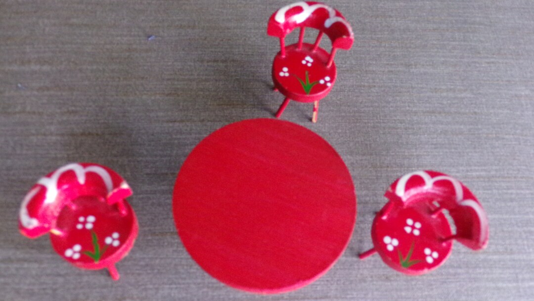 Vintage Handmade Dollhouse Table and Chairs, Wood Dollhouse Table and ...