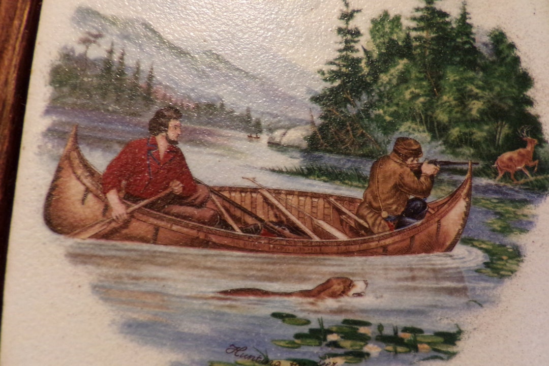 Hand Painted Colonial Tile Trivet, Wood Frame Canoeing Trivet, Outdoor ...