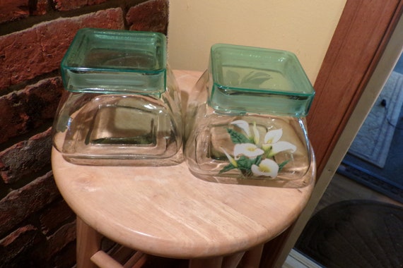 Vintage Glass Jars With Floral Decal Square Glass Storage - Etsy