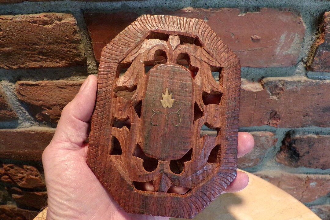 Vintage Hand Carved Wooden Trivet, Small Wooden Trivet With Brass Inlay ...
