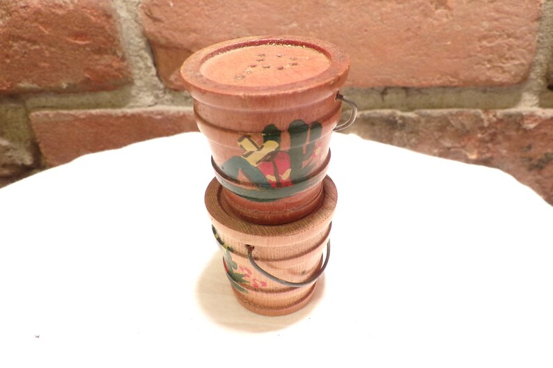 Vintage Wood Bucket Salt and Pepper Shakers, Patio Shakers, 1960 Wood ...