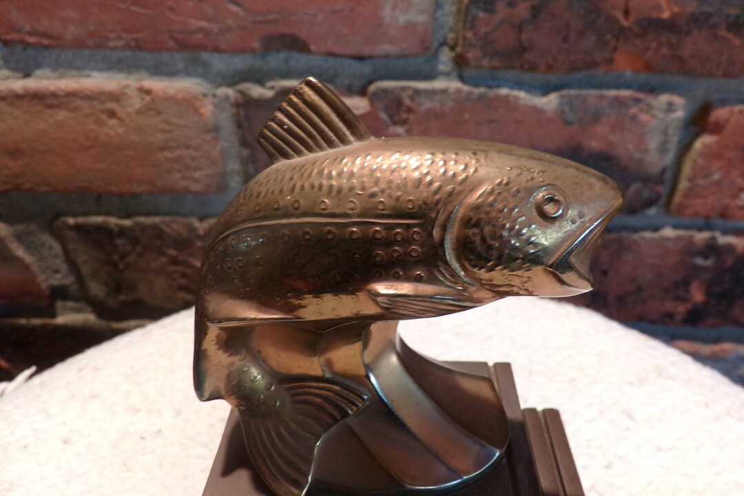Vintage Brass Sculpture Fish on Stand, 1930's Brass Large Mouth Bass on ...