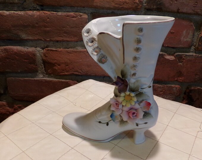 Boot Vase, Vintage Norcrest Porcelain Boot With Flowers, Porcelain Lace ...