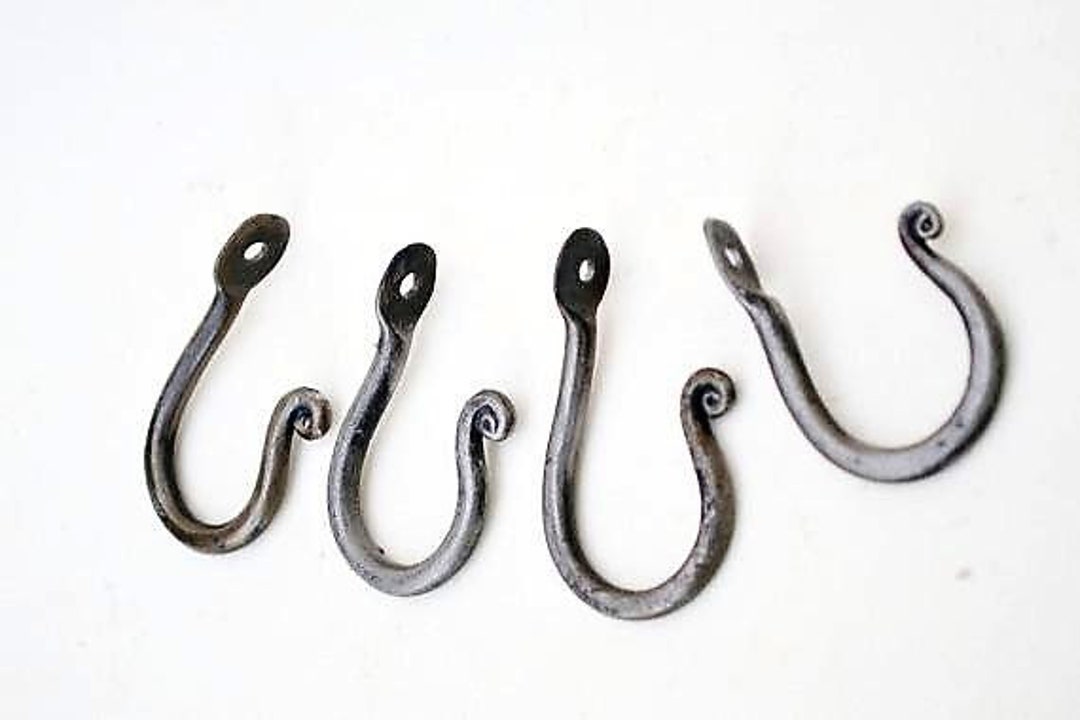 One Pair - Small, Hand Forged, Wrought Iron, Screw in Hooks 7cm High, 4 ...