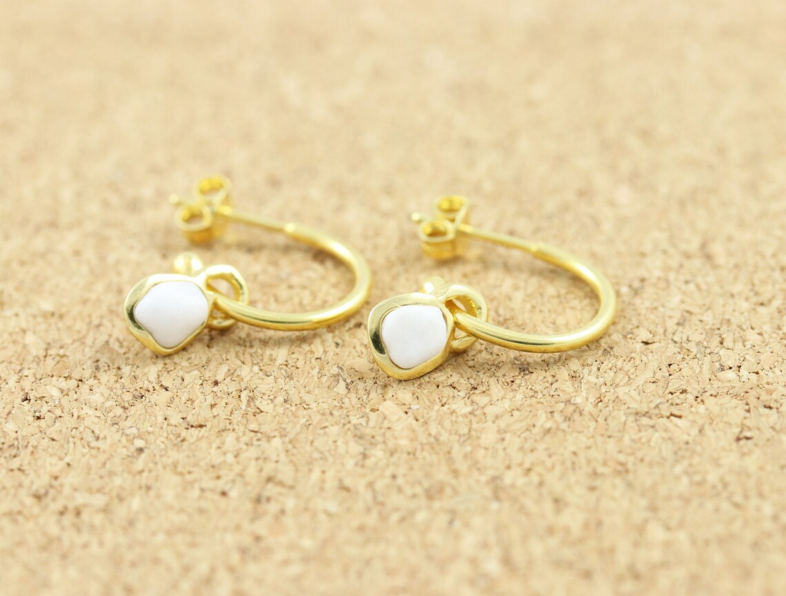 Sterling Silver Hoops With Marble Pebble Charms | Bohemian Chic Dangle ...
