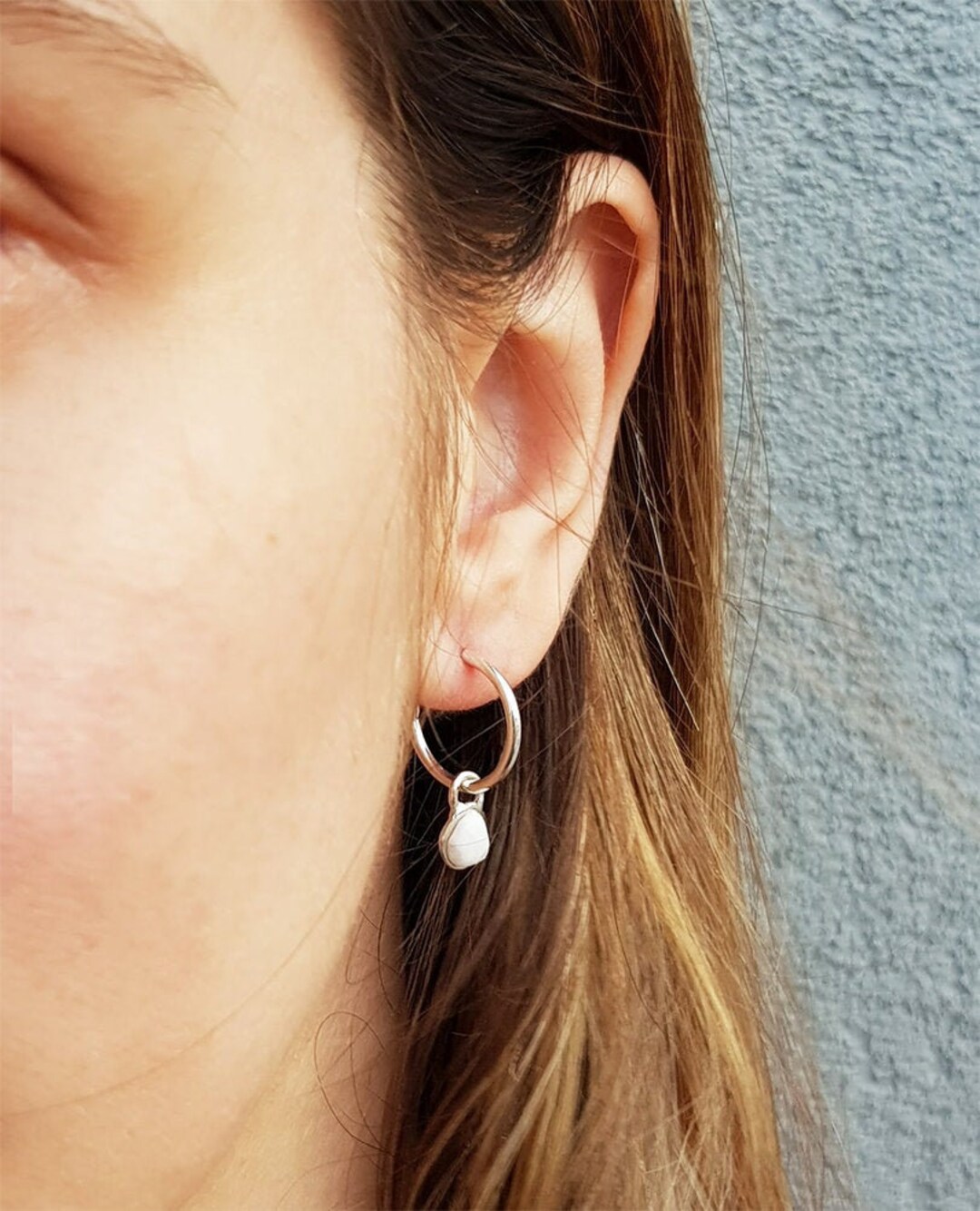 Sterling Silver Hoops With Marble Pebble Charms | Bohemian Chic Dangle ...