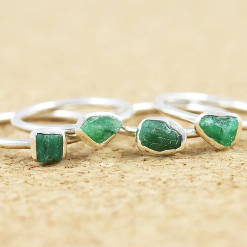 Raw Emerald Ring silver Gemstone Ring rough Stone Stacking - Etsy