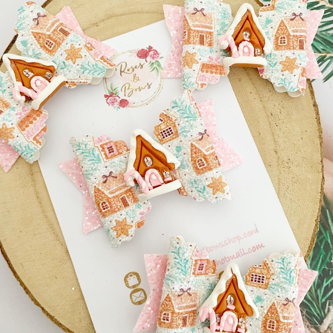 Pink Gingerbread House Glitter Hair Bow Headband or Clip - Headband ...