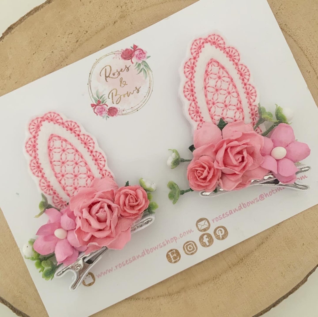 Pink and White Bunny Rabbit Stand up Ears Clips - Easter Bunny Ears ...