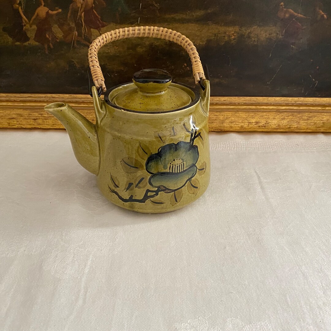 Vintage Olive Green Ceramic Teapot With Bamboo Handle - Made in Japan ...
