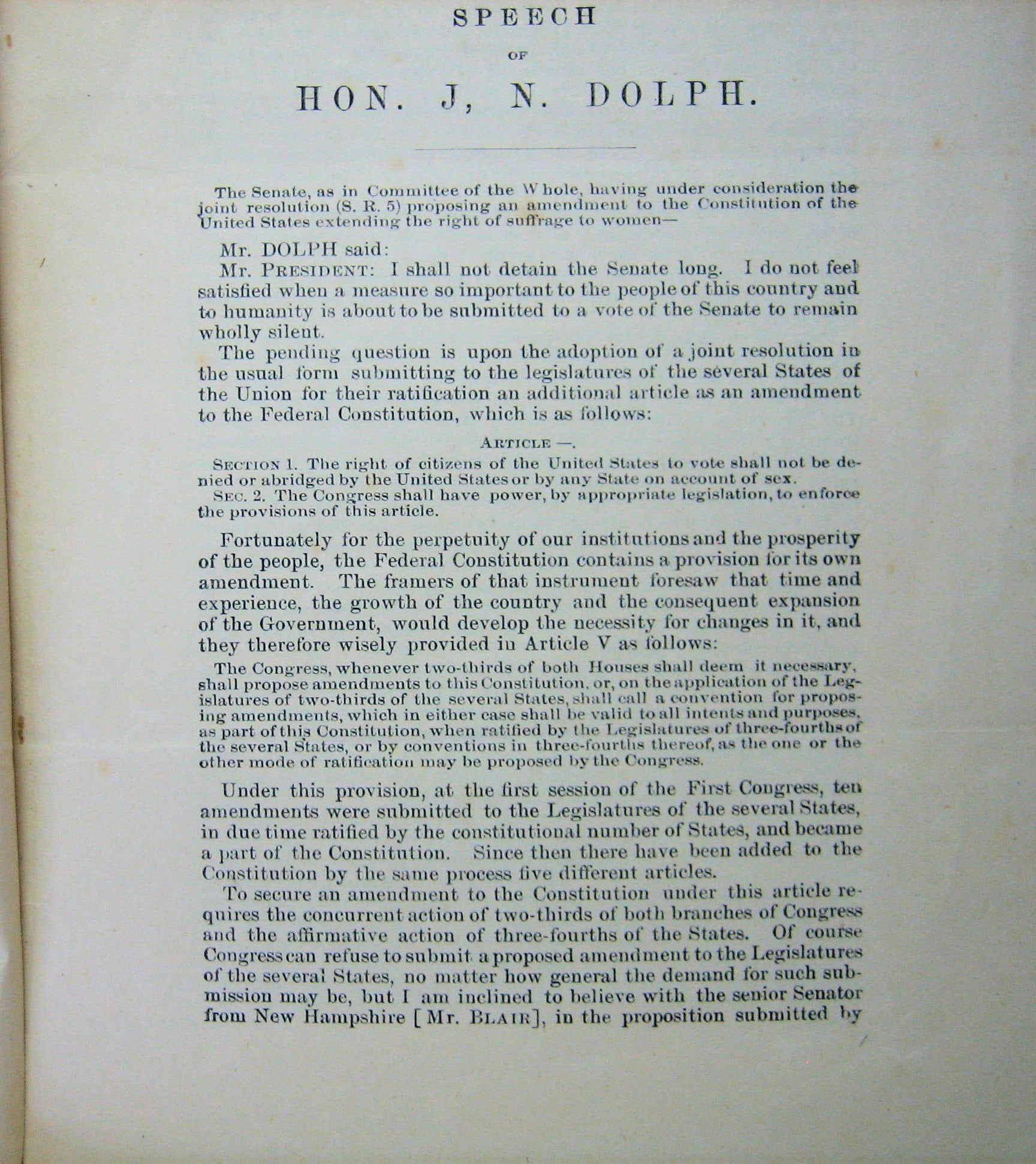 Women's Suffrage Speech HON. J. N. DOLPH, of Oregon in the Senate 1887 ...