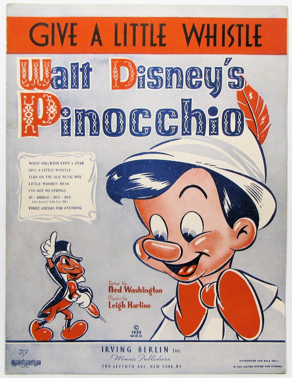 1940 GIVE A LITTLE WHISTLE (walt Disney's Pinocchio) Irving Berlin - Etsy