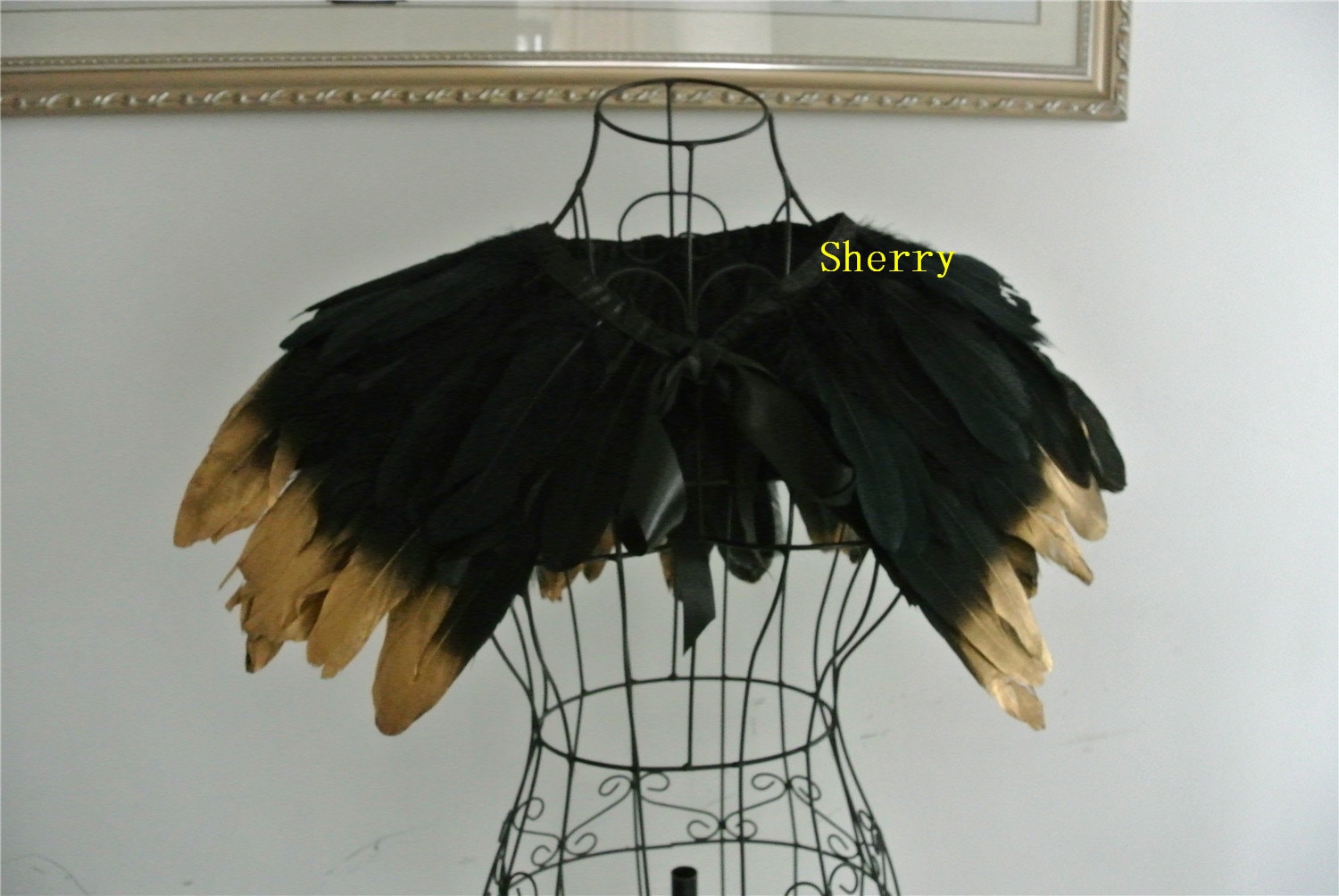 Black Feather Cape With Gold Tip Feather Jacket Shawl Goose Feather ...