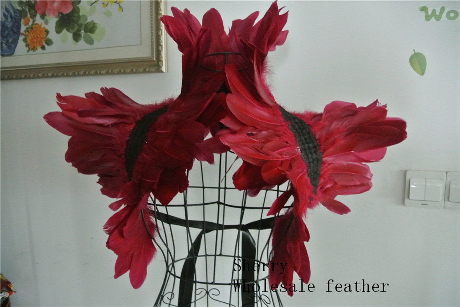 Burgundy Feather Shawl Shrug Feathers Cape Vintage Capelet Show Girl ...
