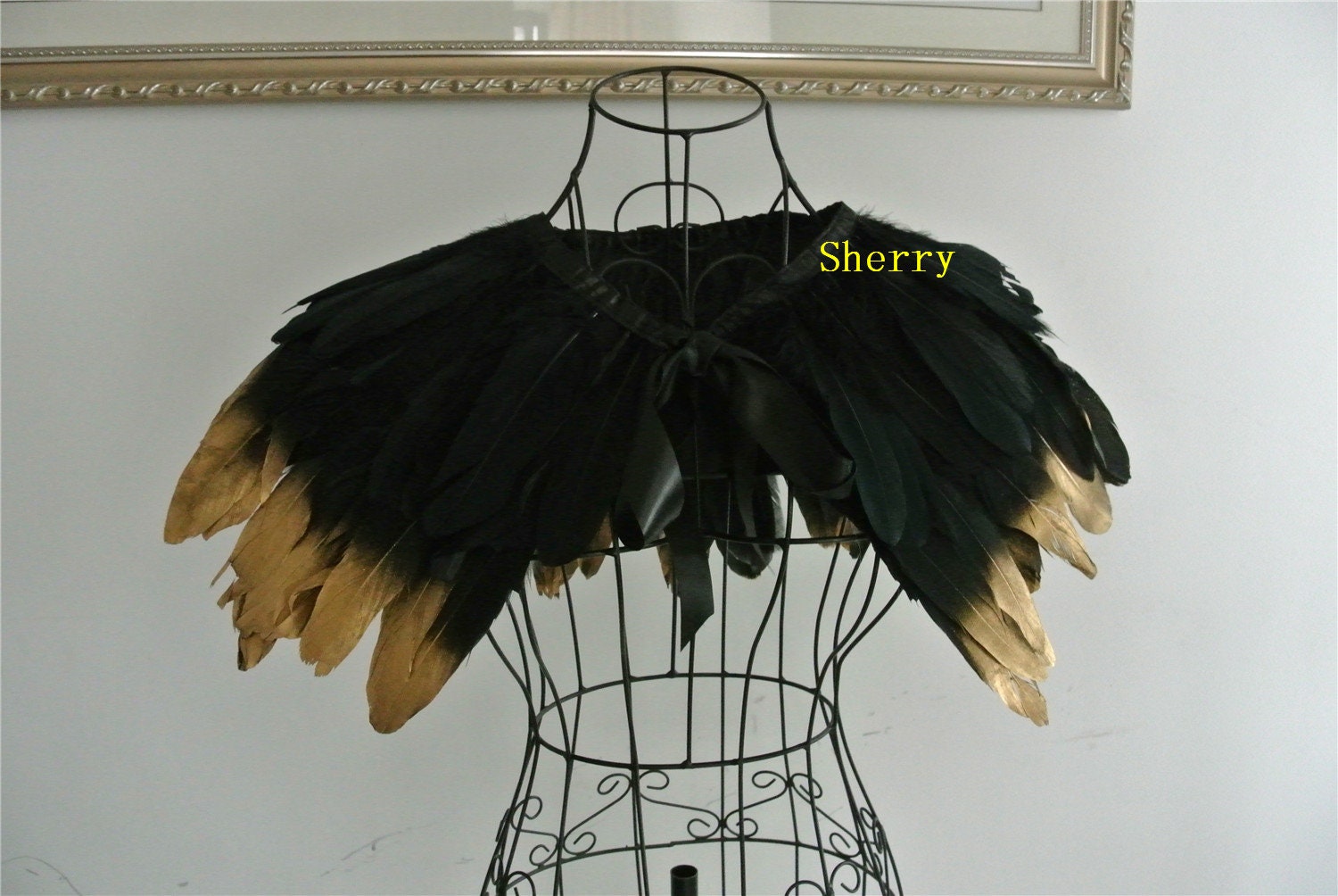 Black Feather Cape With Gold Tip Feather Jacket Shawl Goose | Etsy