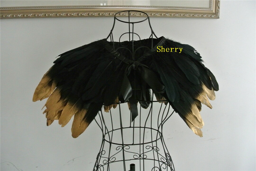 Black Feather Cape With Gold Tip Feather Jacket Shawl Goose Feather ...