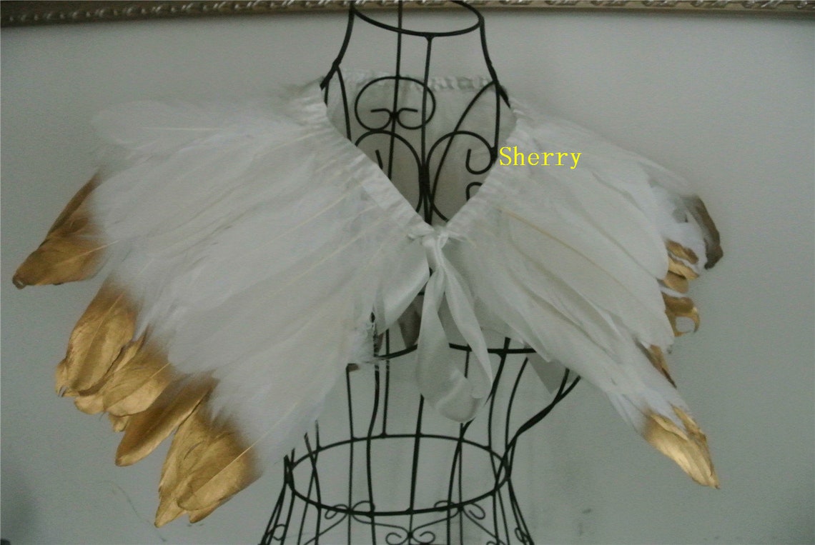 White Feather Cape With Gold Tip Feather Jacket Shawl Goose - Etsy