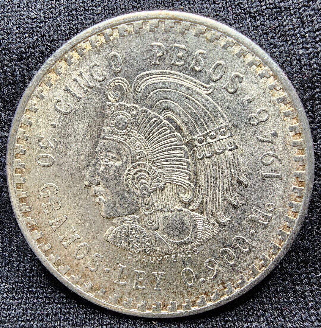 1948 Mexico 5 Pesos Silver Coin Aztec Chieftain 'cuauhtemoc' Free ...