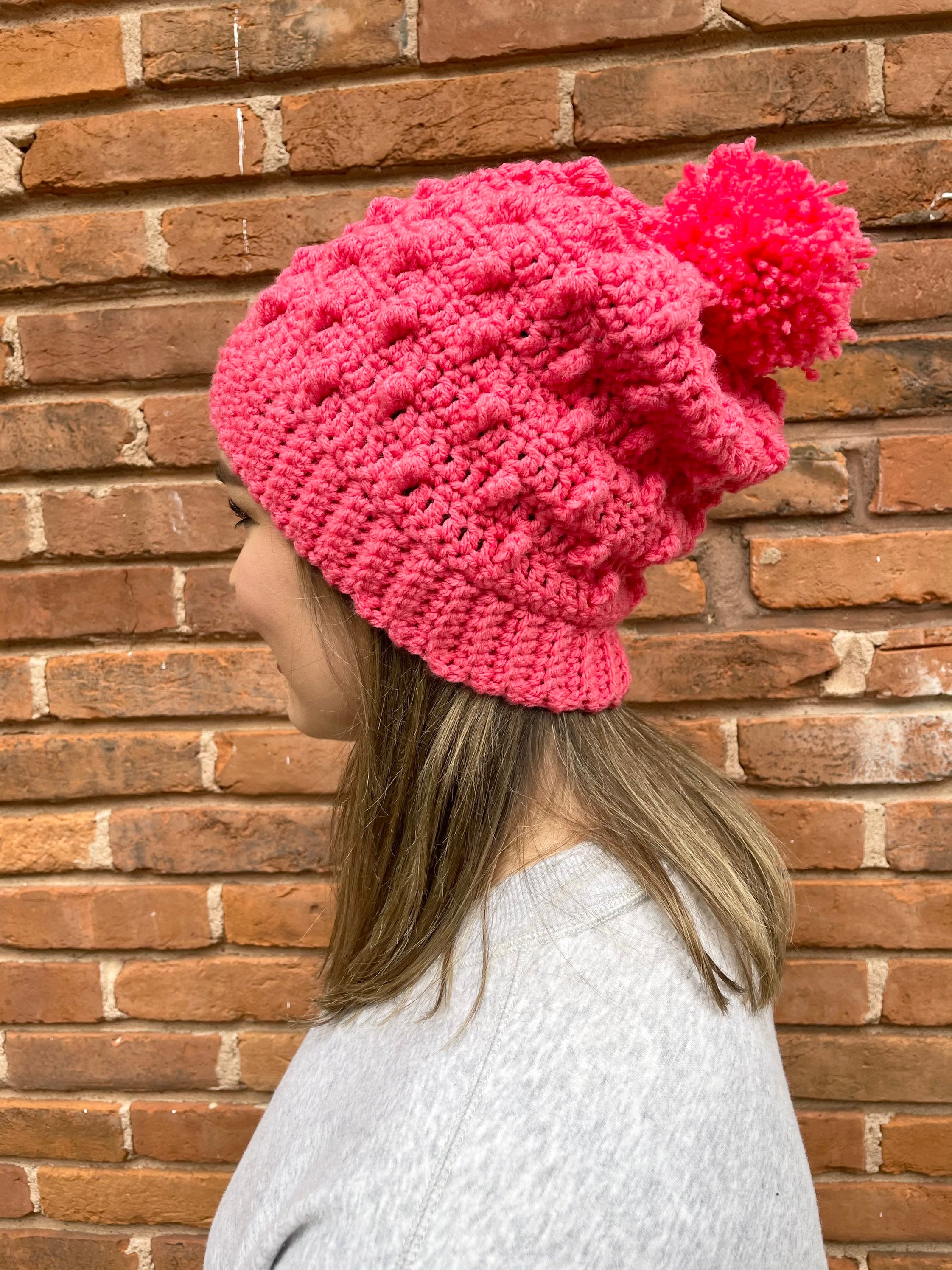 Hot Pink Textured Pom Beanie | Spring Day Hot Pink Crochet Beanie ...