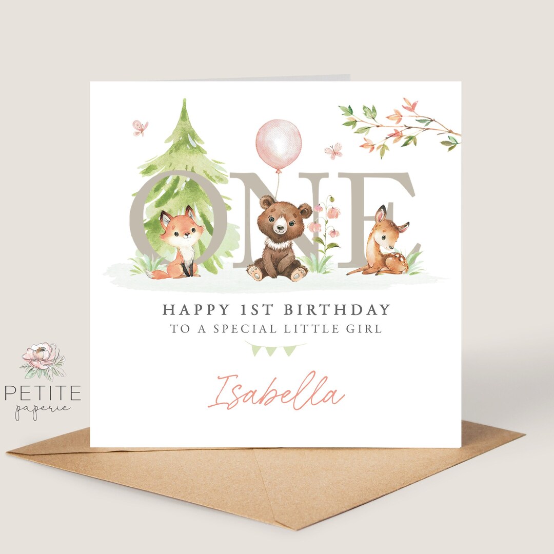 Personalised Woodland Birthday Card, First Birthday Card, Woodland ...