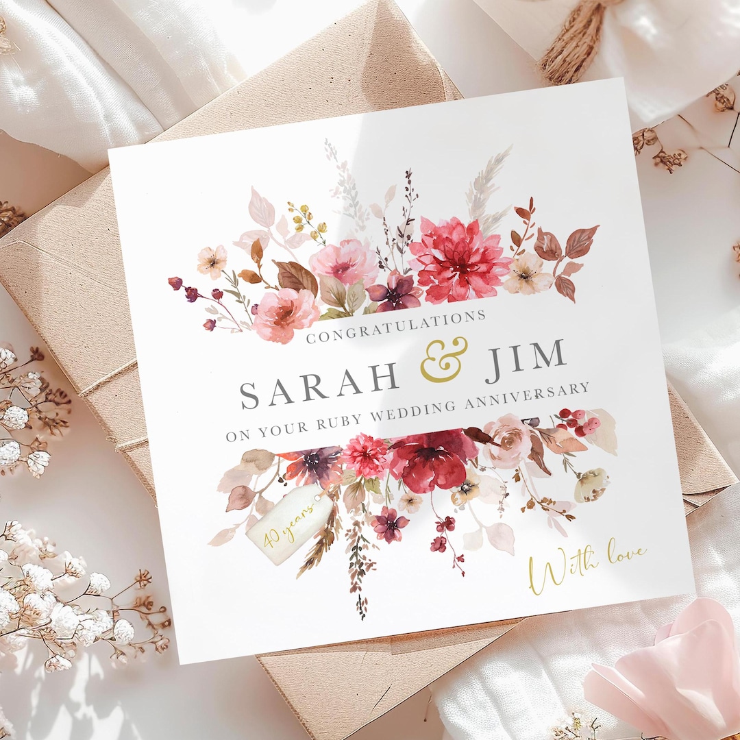 Ruby Wedding Anniversary Card, Ruby Wedding Card, 40th Anniversary Card ...