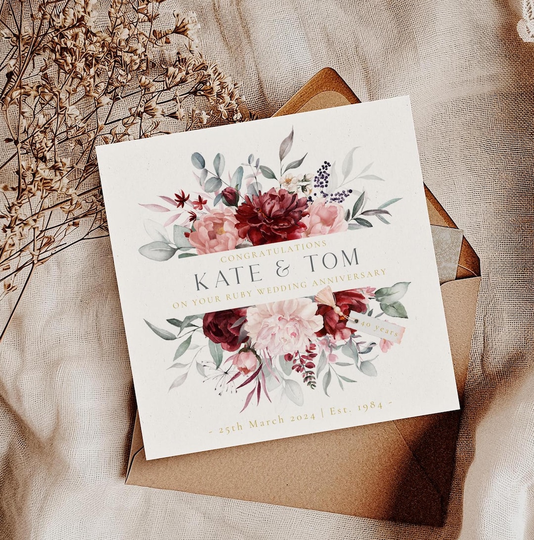 Ruby Wedding Anniversary Card, Ruby Wedding Card, 40th Anniversary Card ...