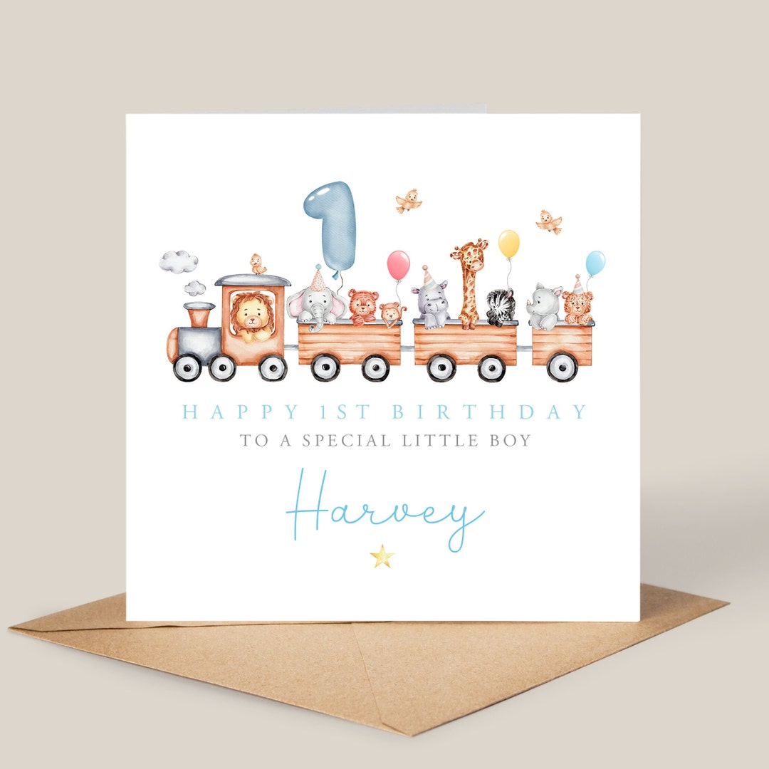 Train Birthday Card, Boy's Personalised Train Card, Safari Train Card ...