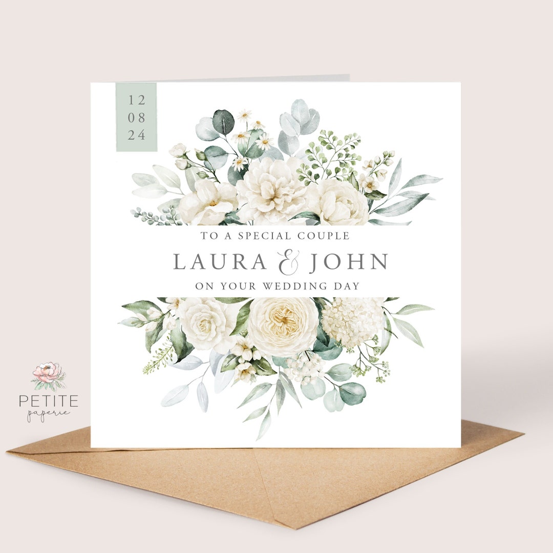 Wedding Card, Personalised Wedding Card, White Floral Wedding Card ...