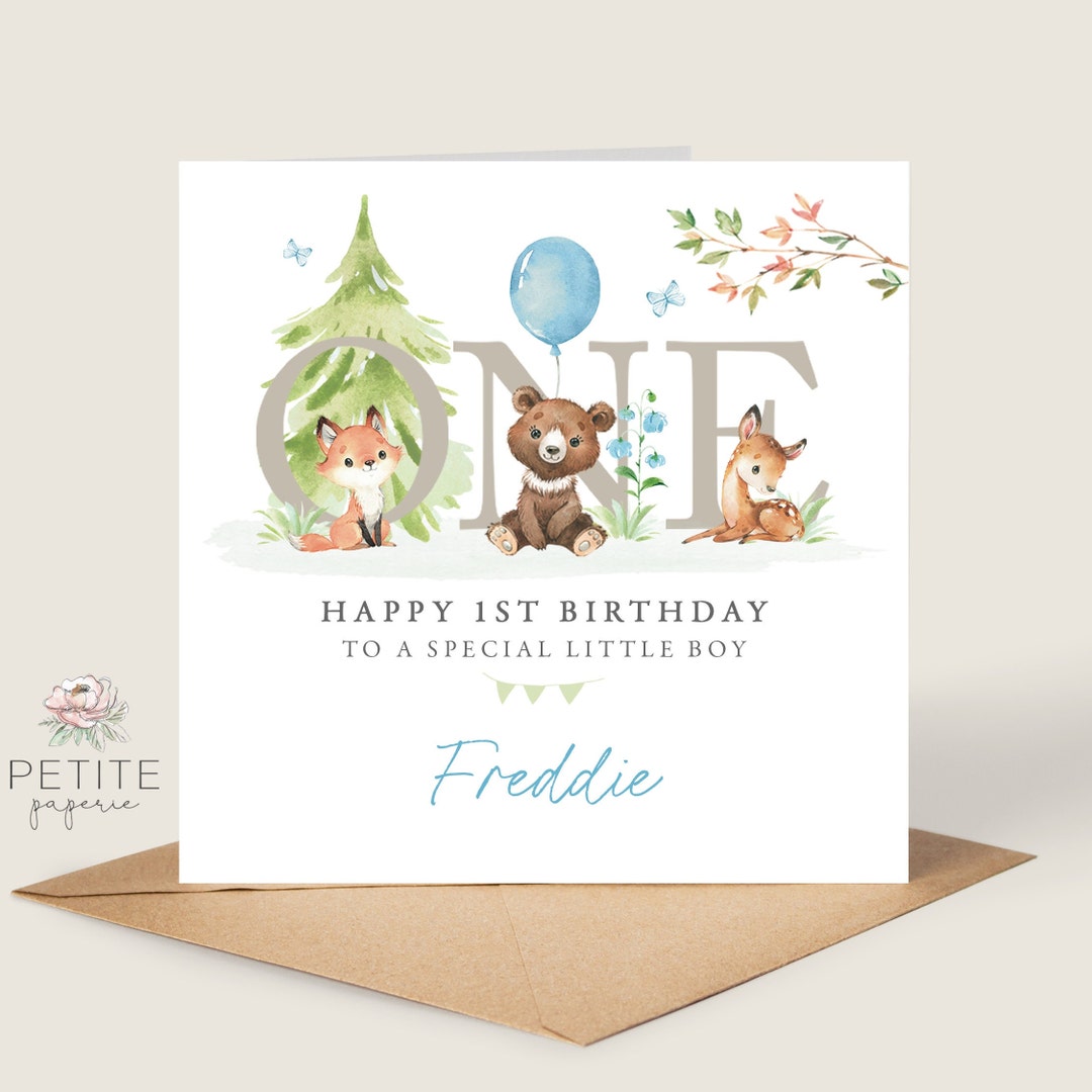 Personalised 1st Birthday Card, Woodland Animal Birthday Card, Forest ...